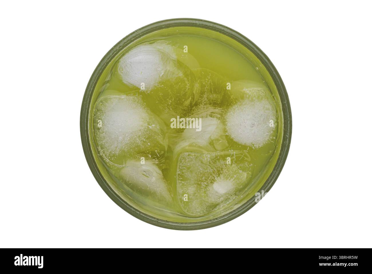 Top view of cold green guava juice with ice cube in a glass isolated on ...