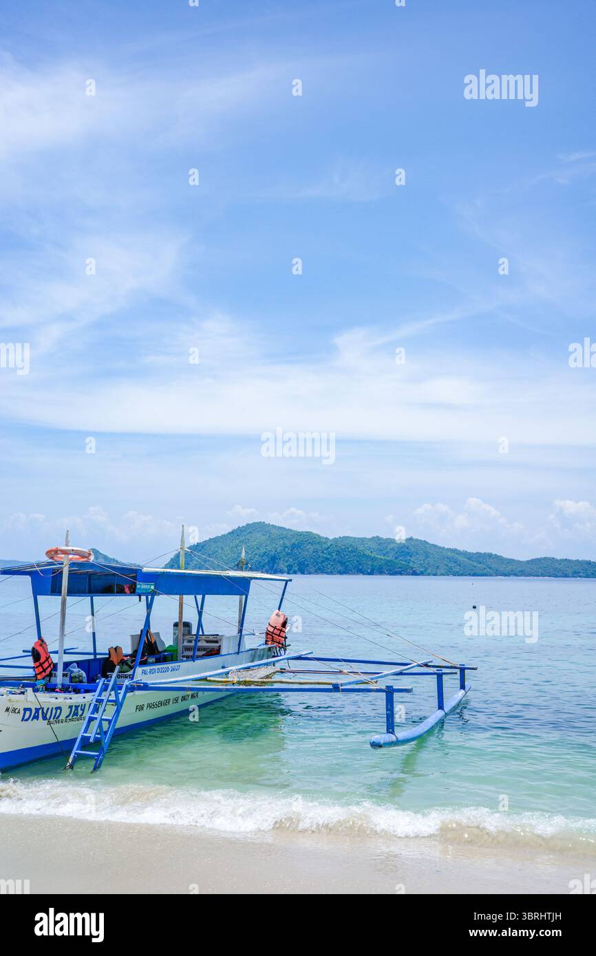 A traditional blue Filipino tour boat with bright blue outriggers is ...