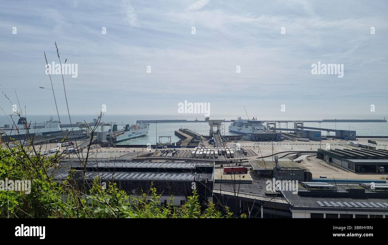 Aerial view from the White Cliffs of ferry ships and port facilities of ...