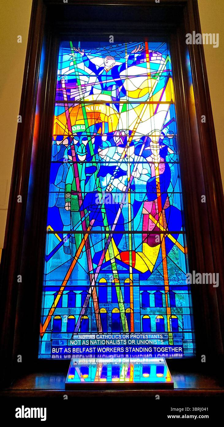 In blue tones stained glass window inside Belfast City Hall ...