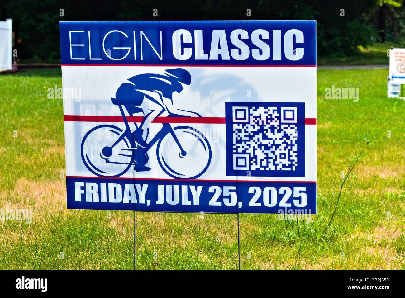 Elgin, IL -July 11, 2025: A yard sign promotes The Elgin Classic, a ...