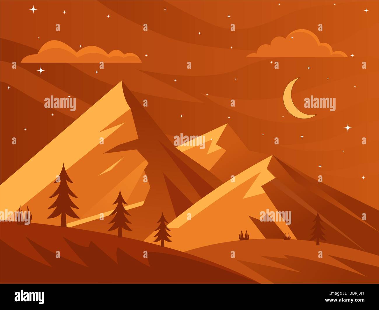 Warm Mountain Night Scene Flat Vector Illustration With Orange Palette ...