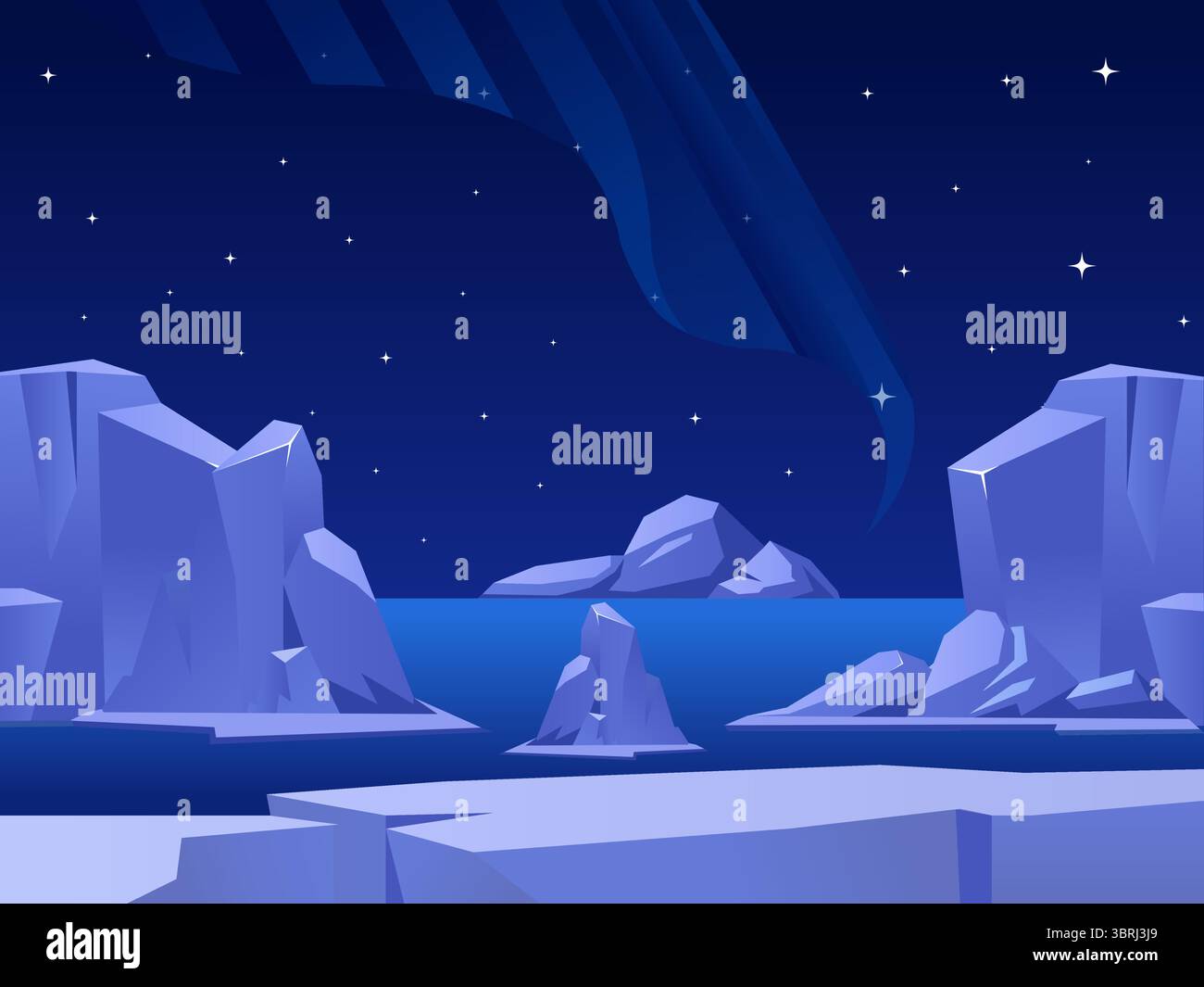 Flat Vector Illustration of Polar Night Landscape with Icebergs, Frozen ...