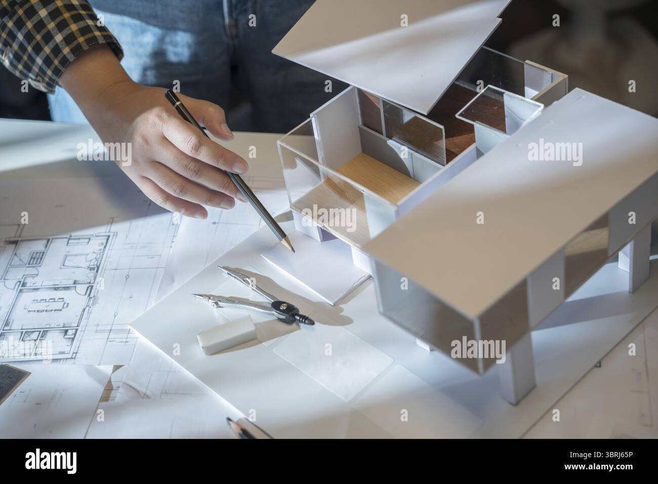 House model on Buleprint construction drawing and drawing equipment ...