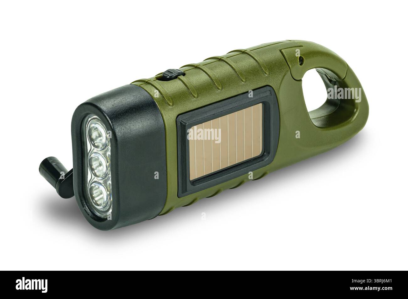 Side view of mini solar cranking LED flashlight isolated on white ...