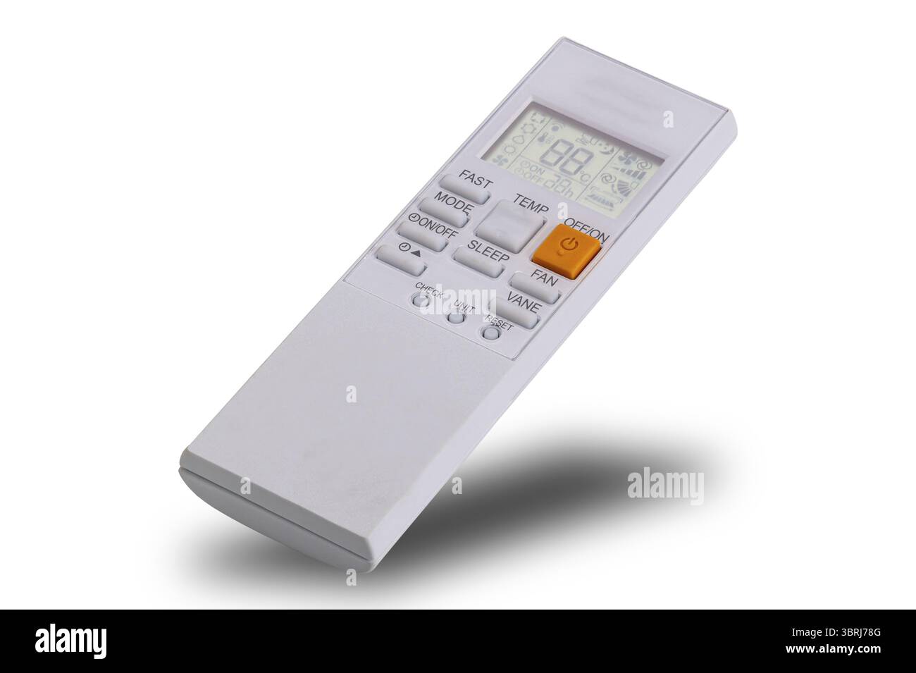 View of white plastic air conditioner remote control isolated on white ...