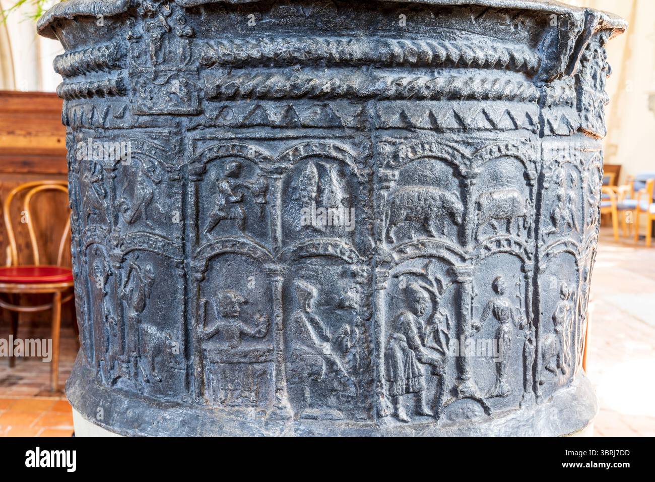 The 13th century lead font at St Augustine's Church, Brookland. Top ...
