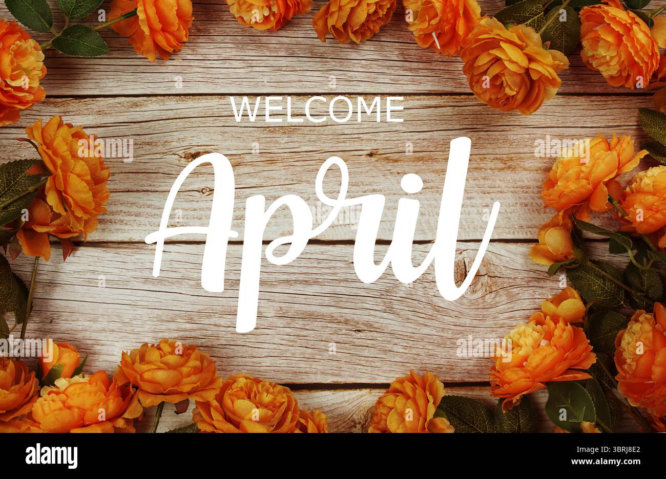 Welcome April typography text with flower border frame Stock Photo - Alamy