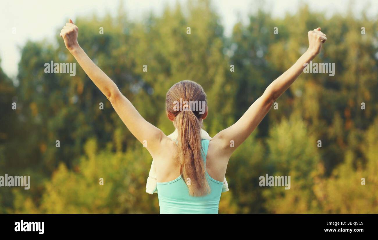 Fitness happy strong woman enjoying after training outdoors, runner ...