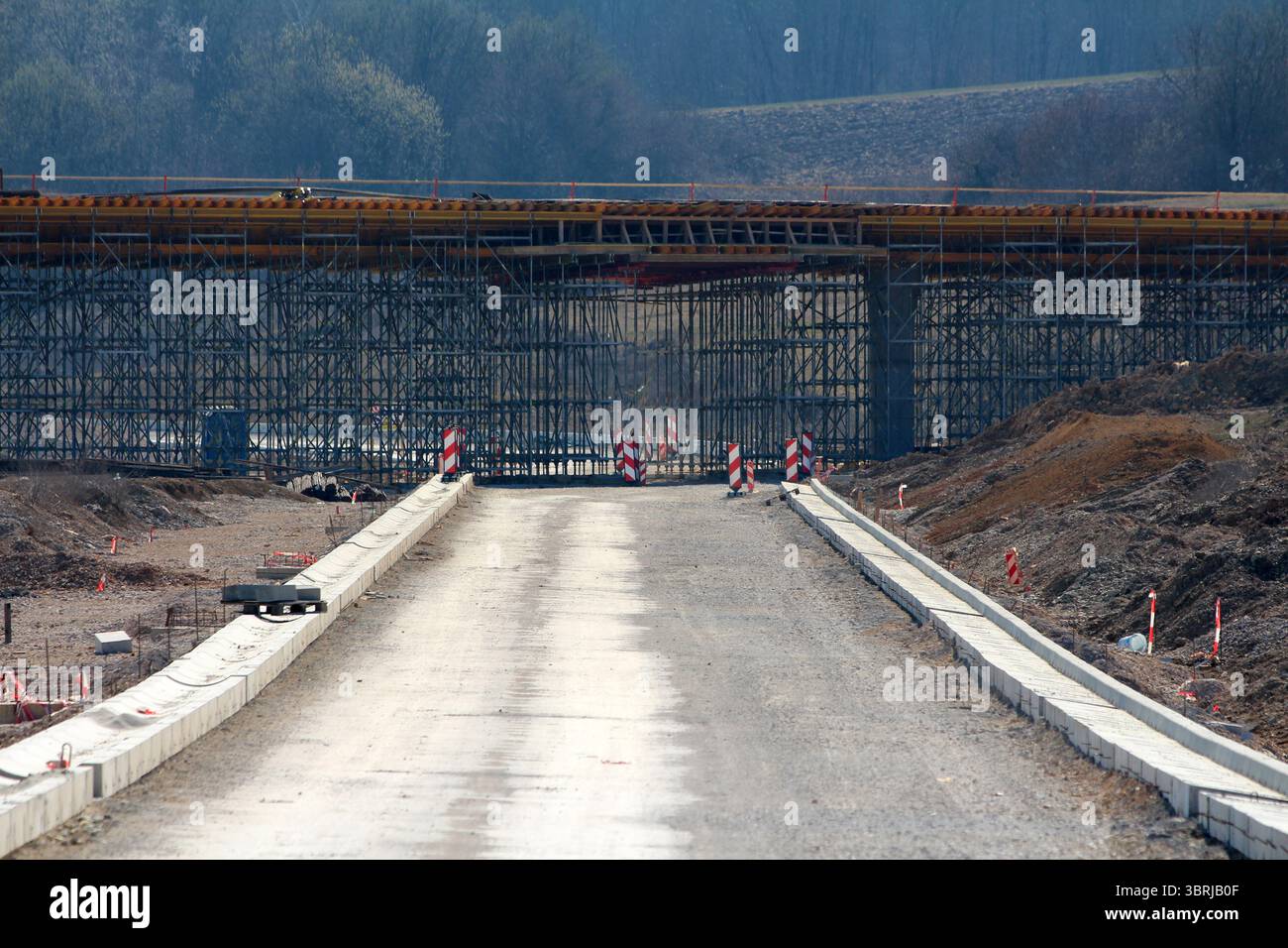 A major bridge construction project features a vast network of steel ...