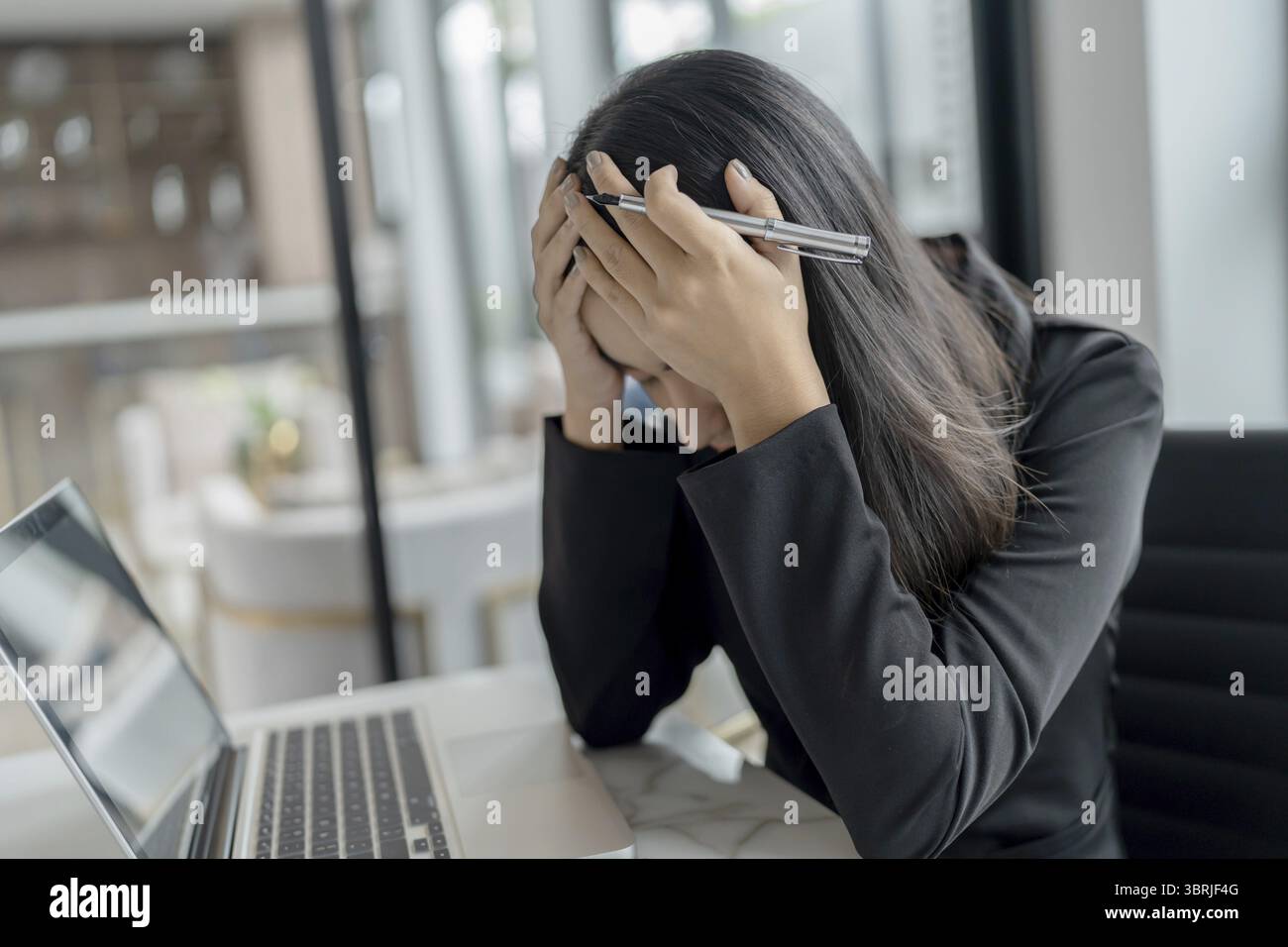 Burnout concept. Asian Business woman touching forehead having headache ...