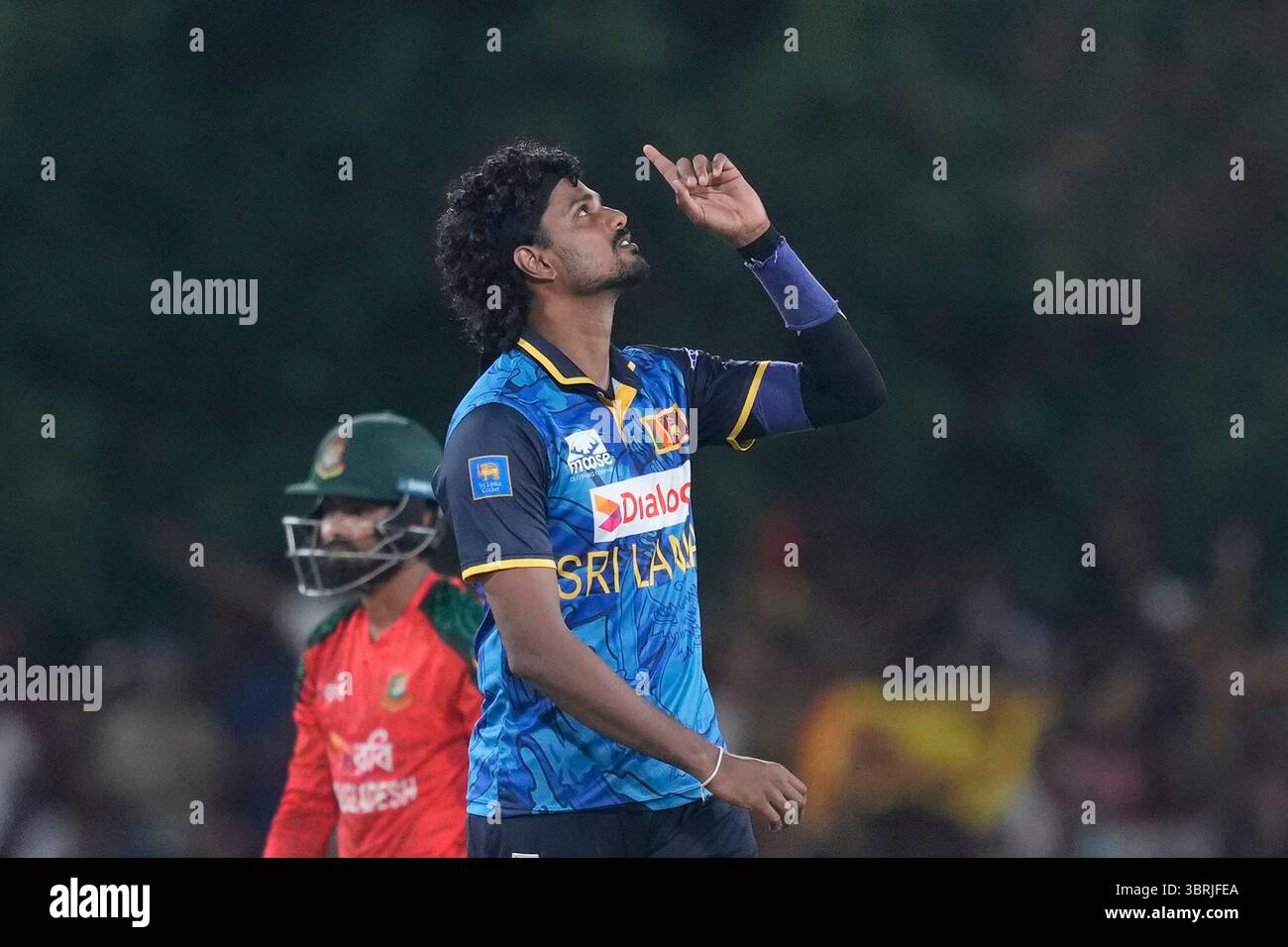 Sri Lanka's Binura Fernando celebrates the wicket of Bangladesh's ...