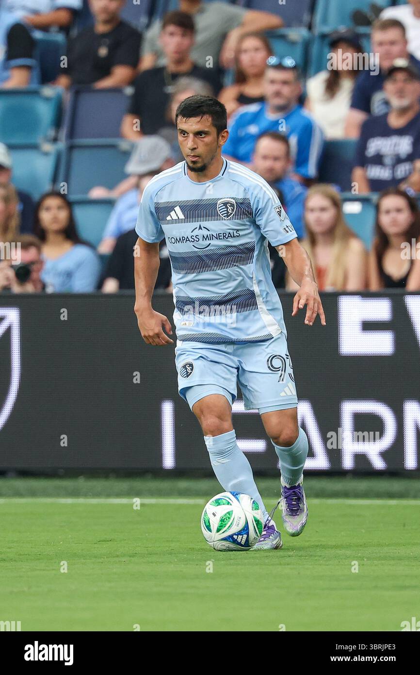 July 12, 2025: Sporting Kansas City forward Magomed Suleymanov (93) dribbles the ball against ...