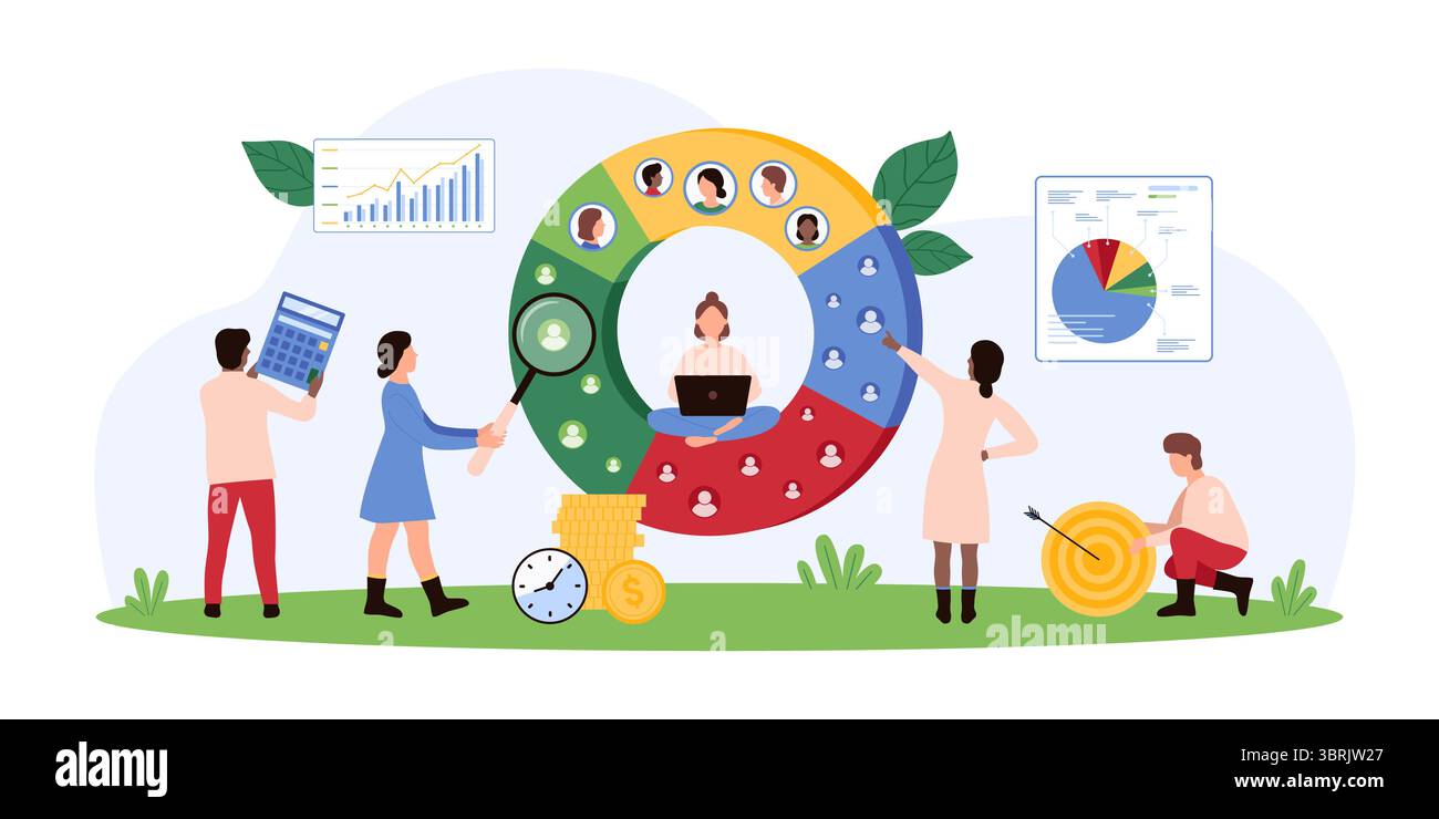Vector illustration of tiny people analyzing and segmenting an audience ...