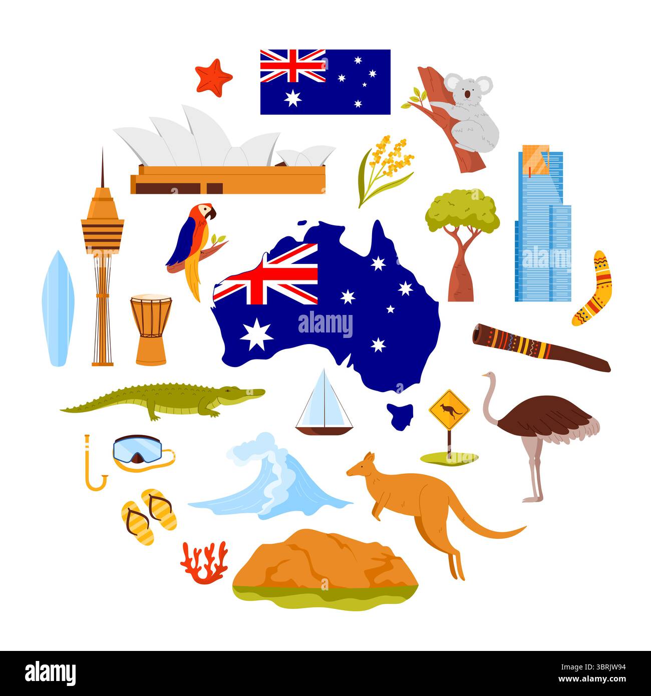Australian landmarks, tribal musical instrument, boomerang cartoon ...