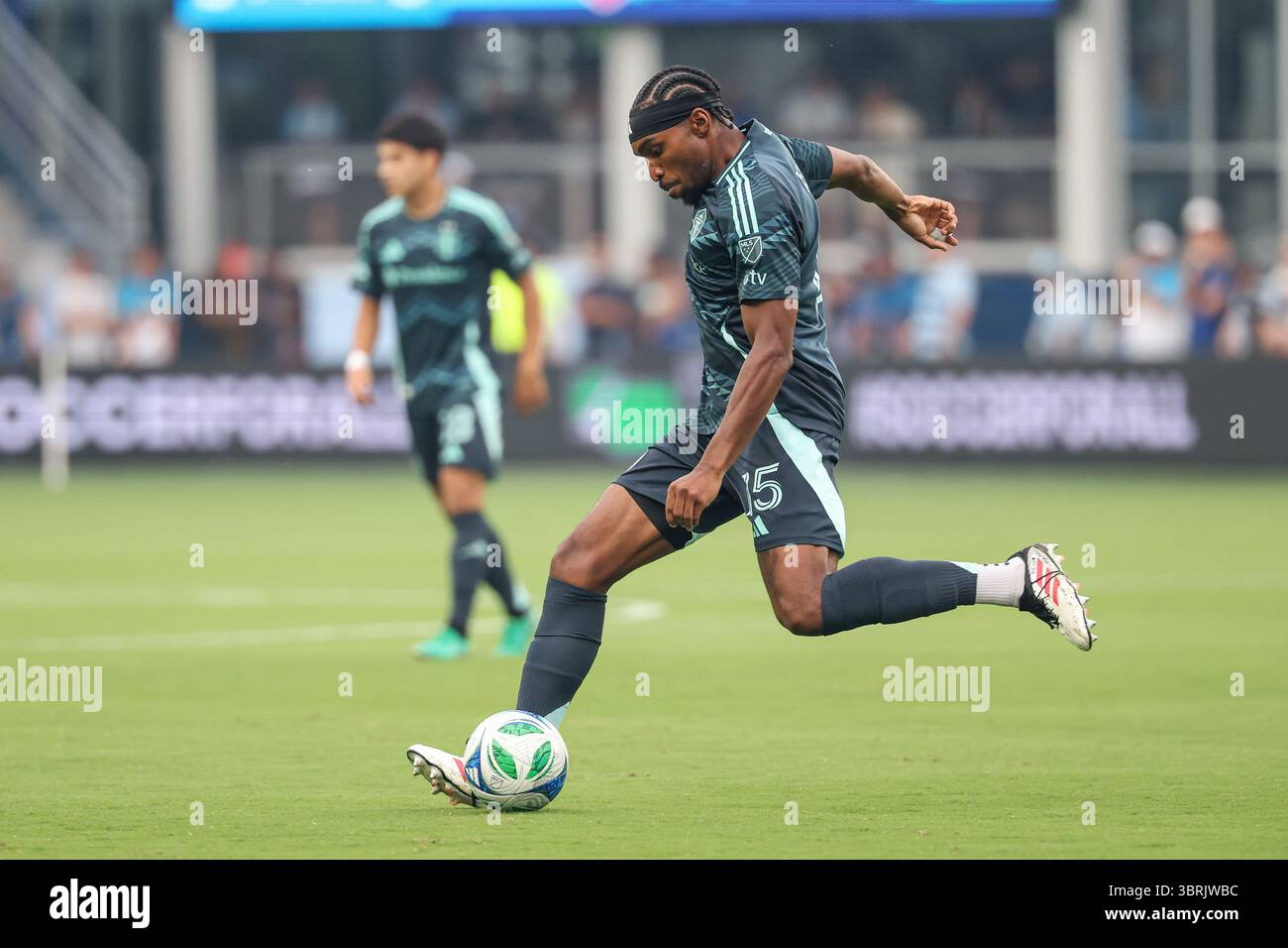 July 12, 2025: Seattle Sounders defender Jon Bell (15) kicks the ball ...