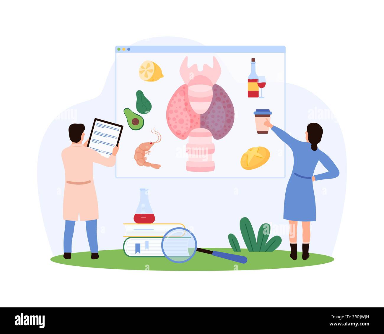 Tiny people analyzing the impact of healthy and unhealthy foods on ...