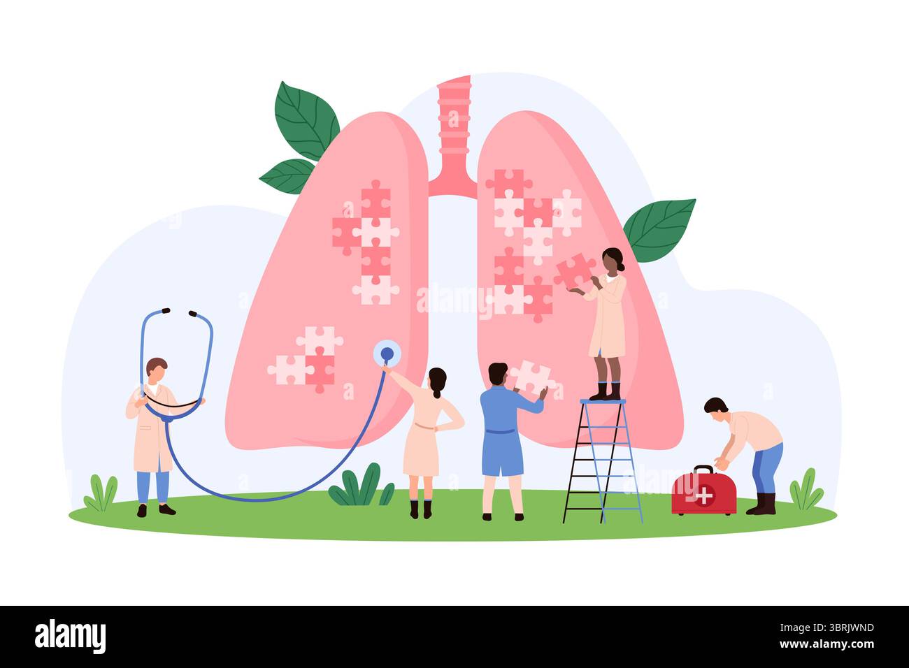Vector illustration of tiny people ensuring lung health with puzzle ...