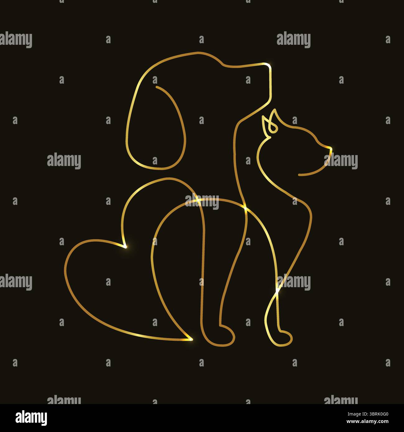 Golden pet line art. Dog cat vector logo. Heart pet silhouette. Animal ...
