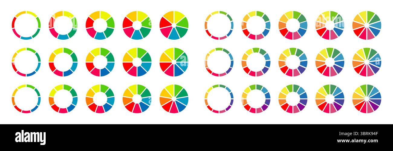 Donut charts, pies segmented on 7, 8, 9, 10, 11, 12 equal parts. Wheel divided in sections. Set ...