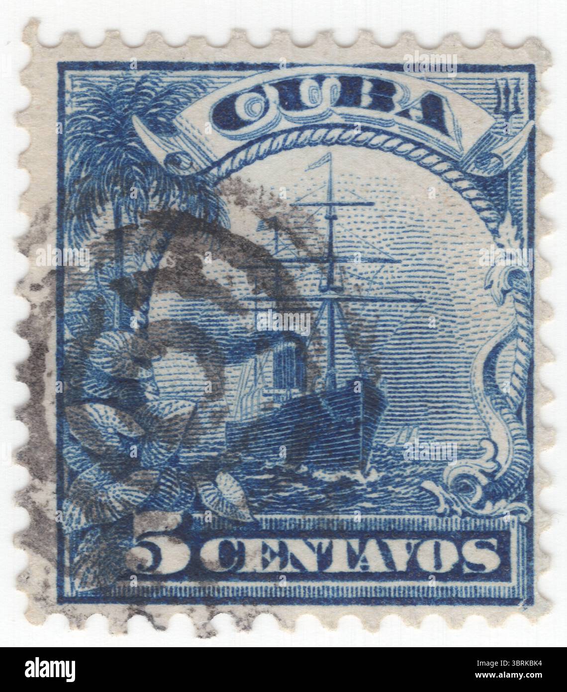 CUBA - 1899: 5 centavo blue postage stamp depicting Ocean liner "Umbria ...