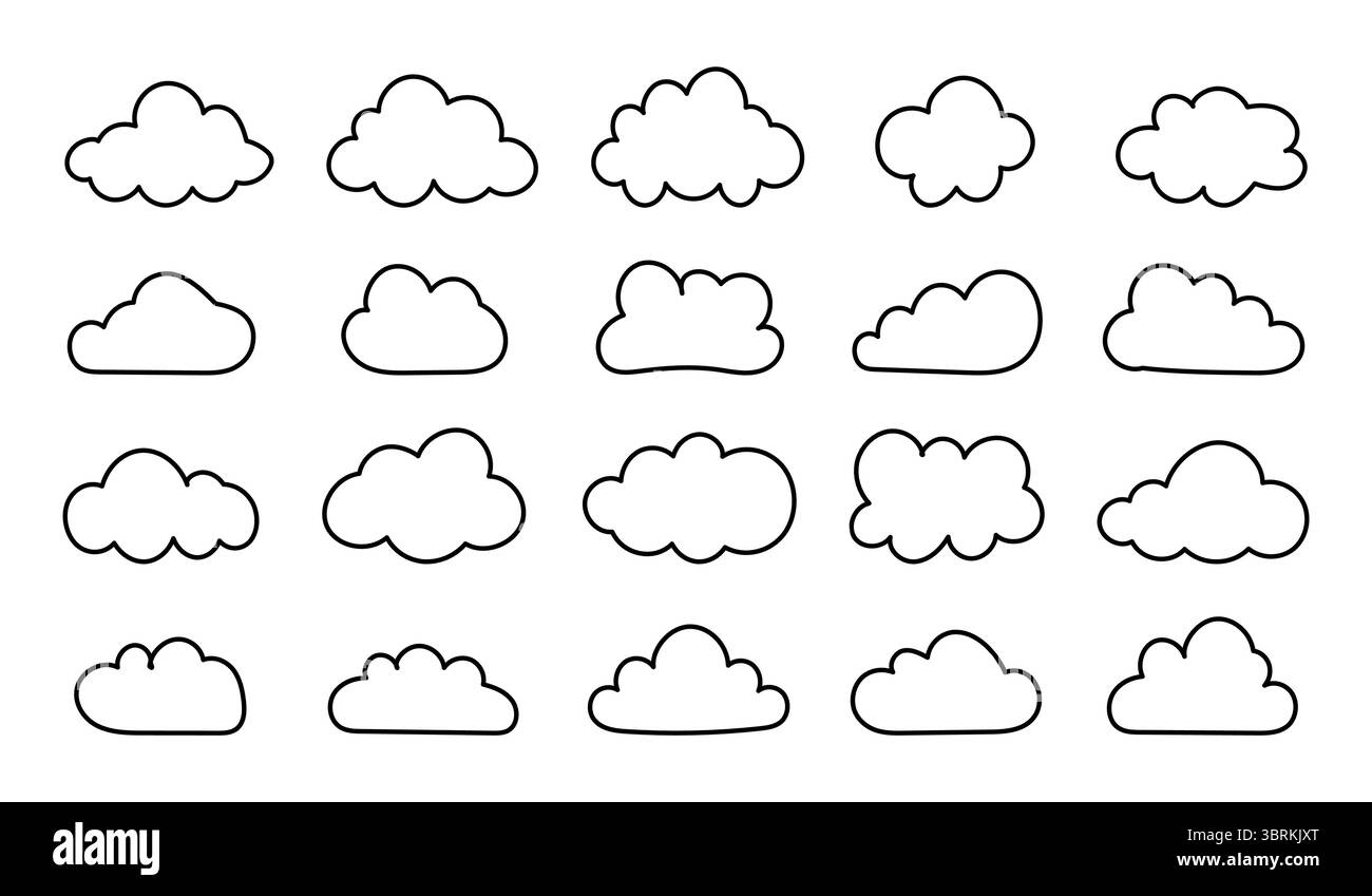 Doodle fluffy clouds. Flat outline clouds. Puffy, cumulus clouds shapes ...