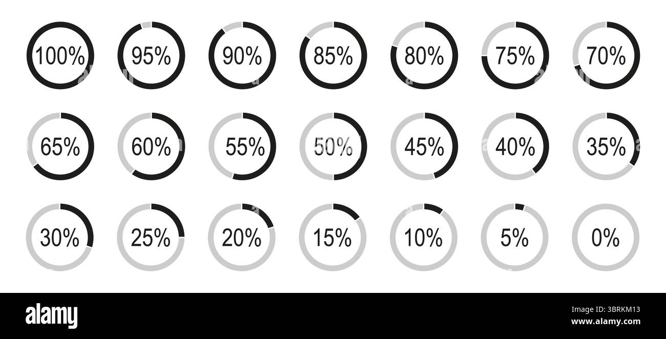 Round diagrams icons for infographics from 0 to 100 percent. Percentage ...