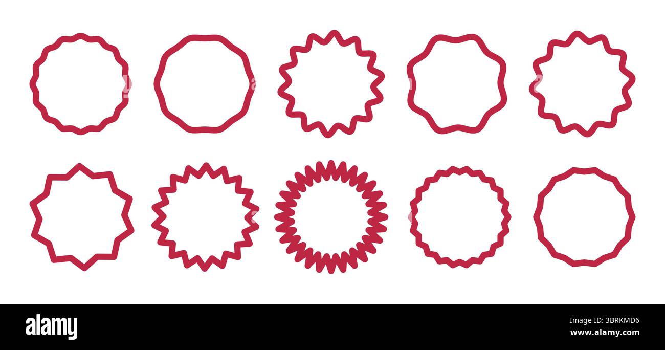 Circle lined red borders. Curve edge frames set. Wavy circles mockup ...