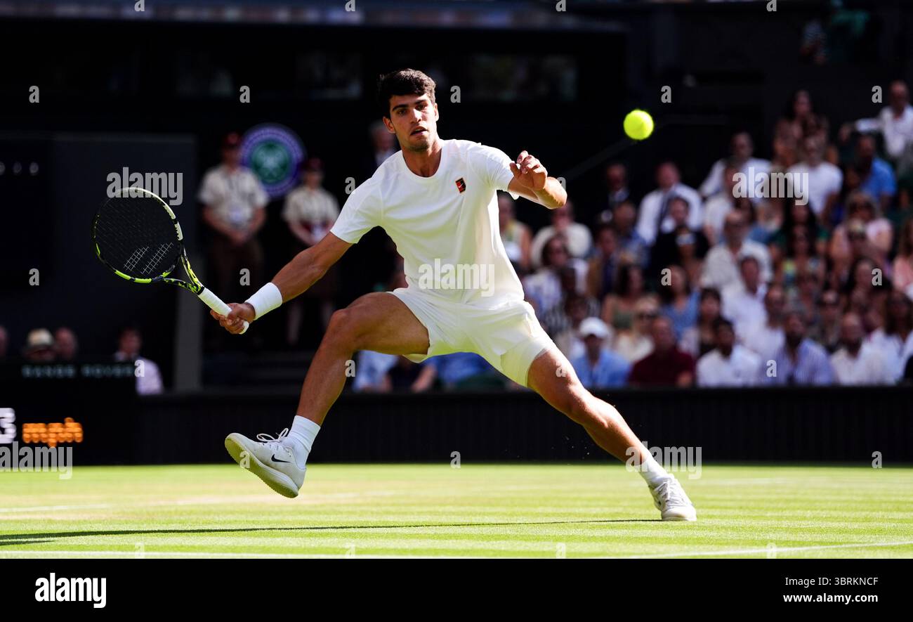 Carlos Alcaraz during his Gentlemen's Singles Final against Jannik Sinner on day fourteen of the ...