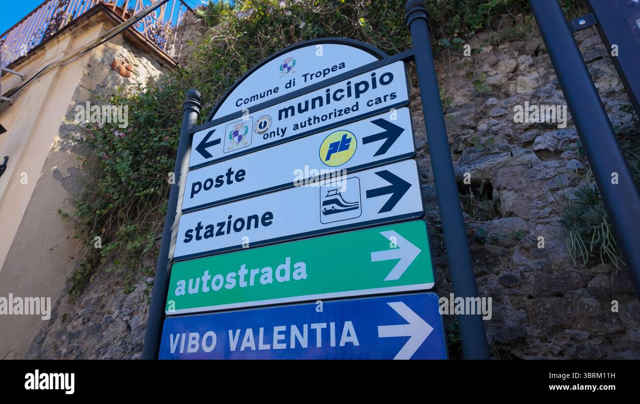 TROPEA, ITALY - JUNE 2, 2025 - Road signs providing directions to various locations such as the ...