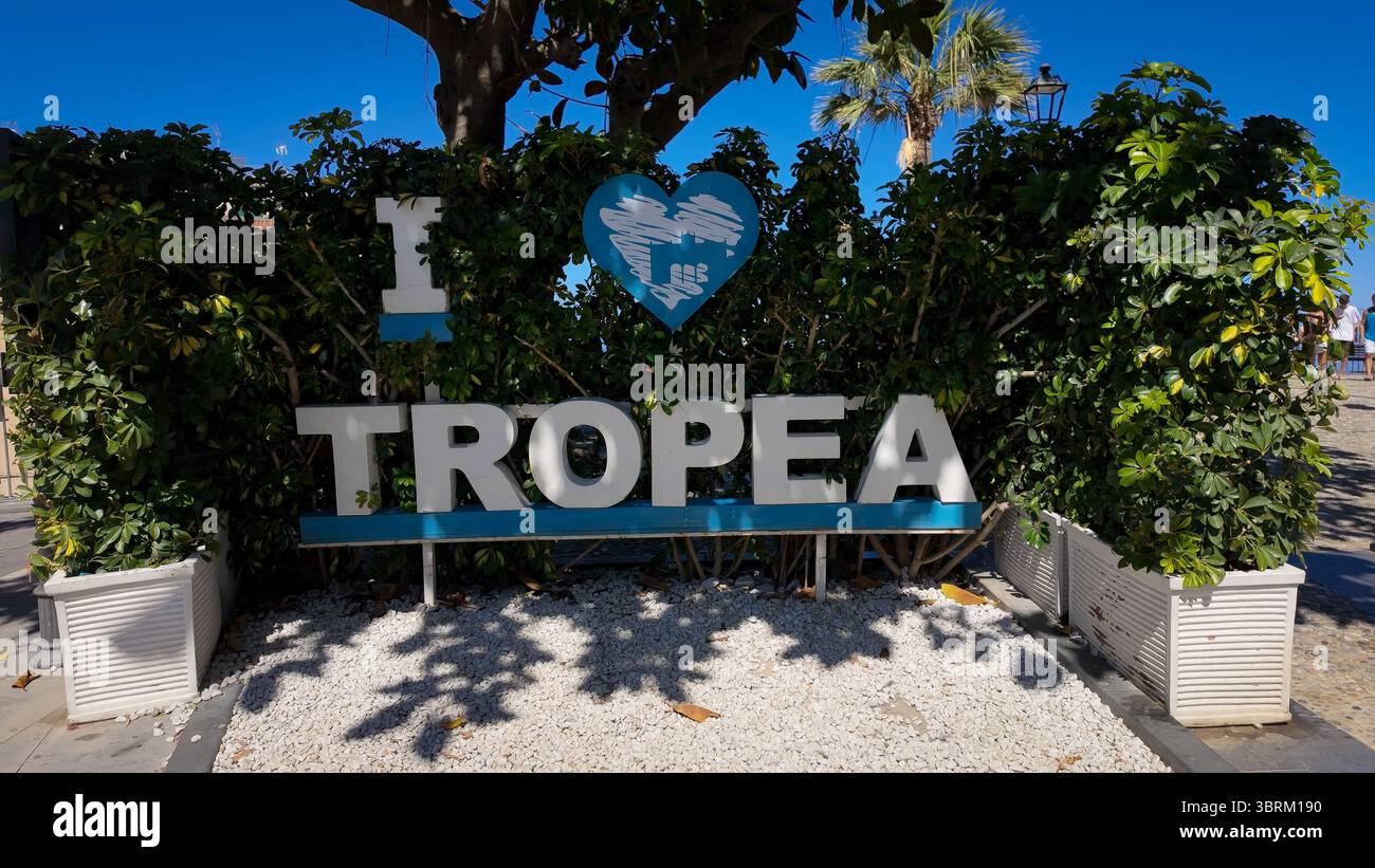 TROPEA, ITALY - JUNE 2, 2025 - Large white I love Tropea sign with ...