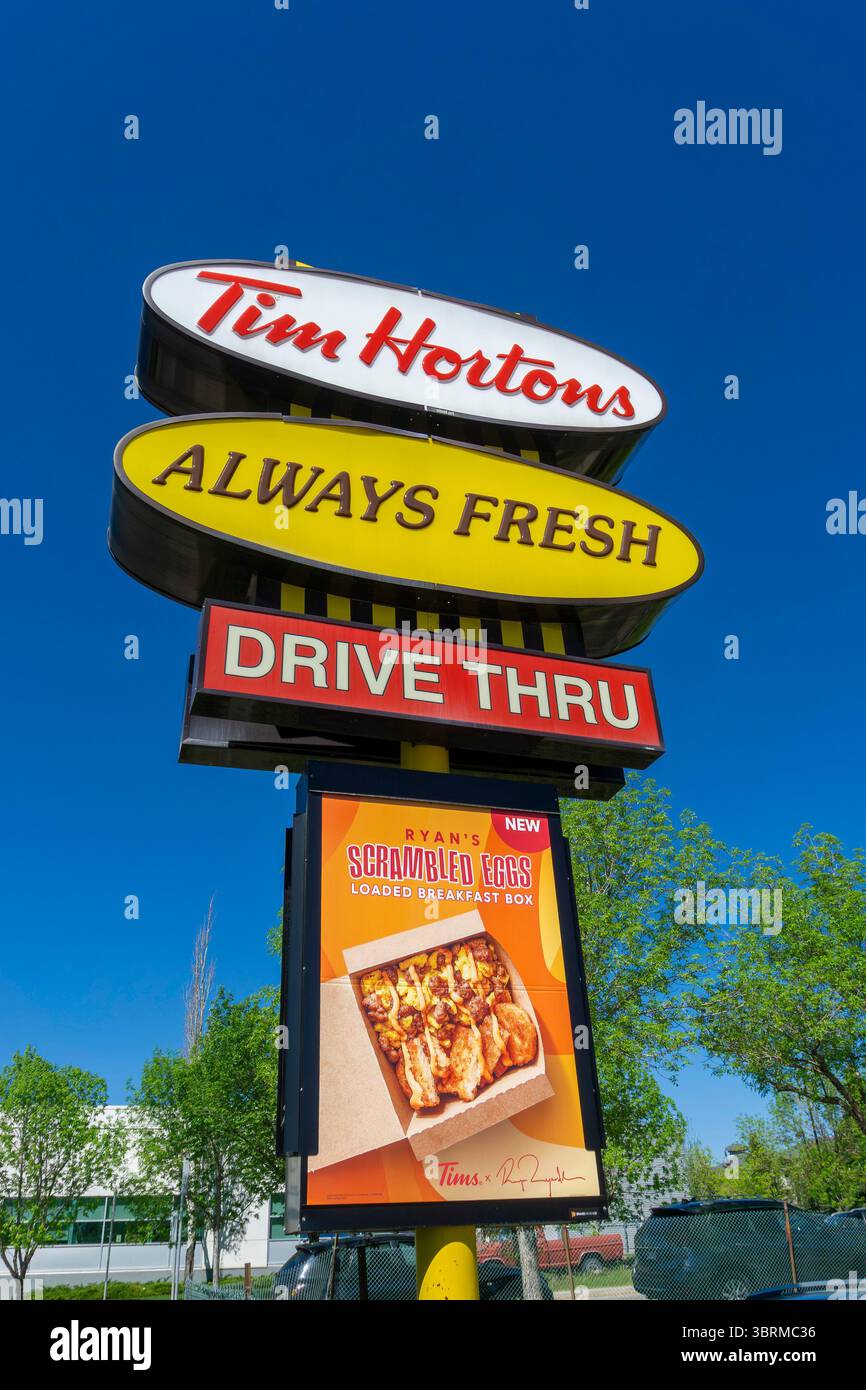 CALGARY, CANADA - MAY 30, 2025: Sign of Tim Hortons in Calgary, Canada ...