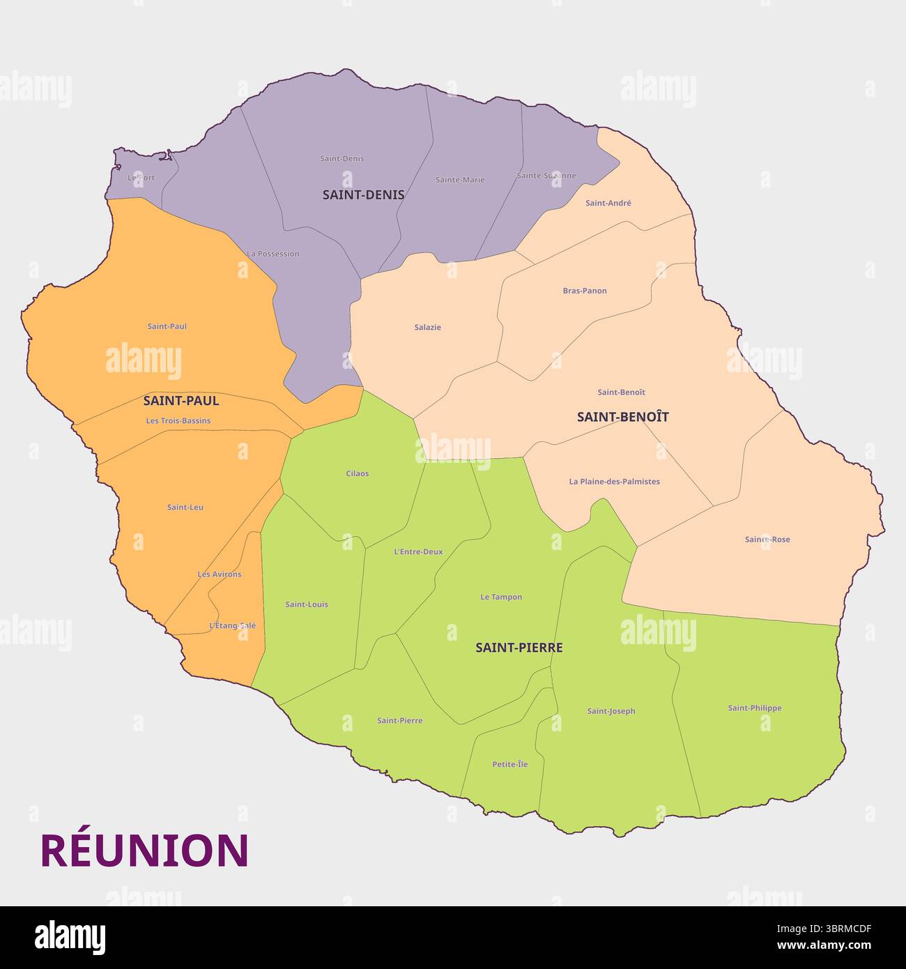 Runion Island Administrative Regions Map Stock Vector Image & Art - Alamy