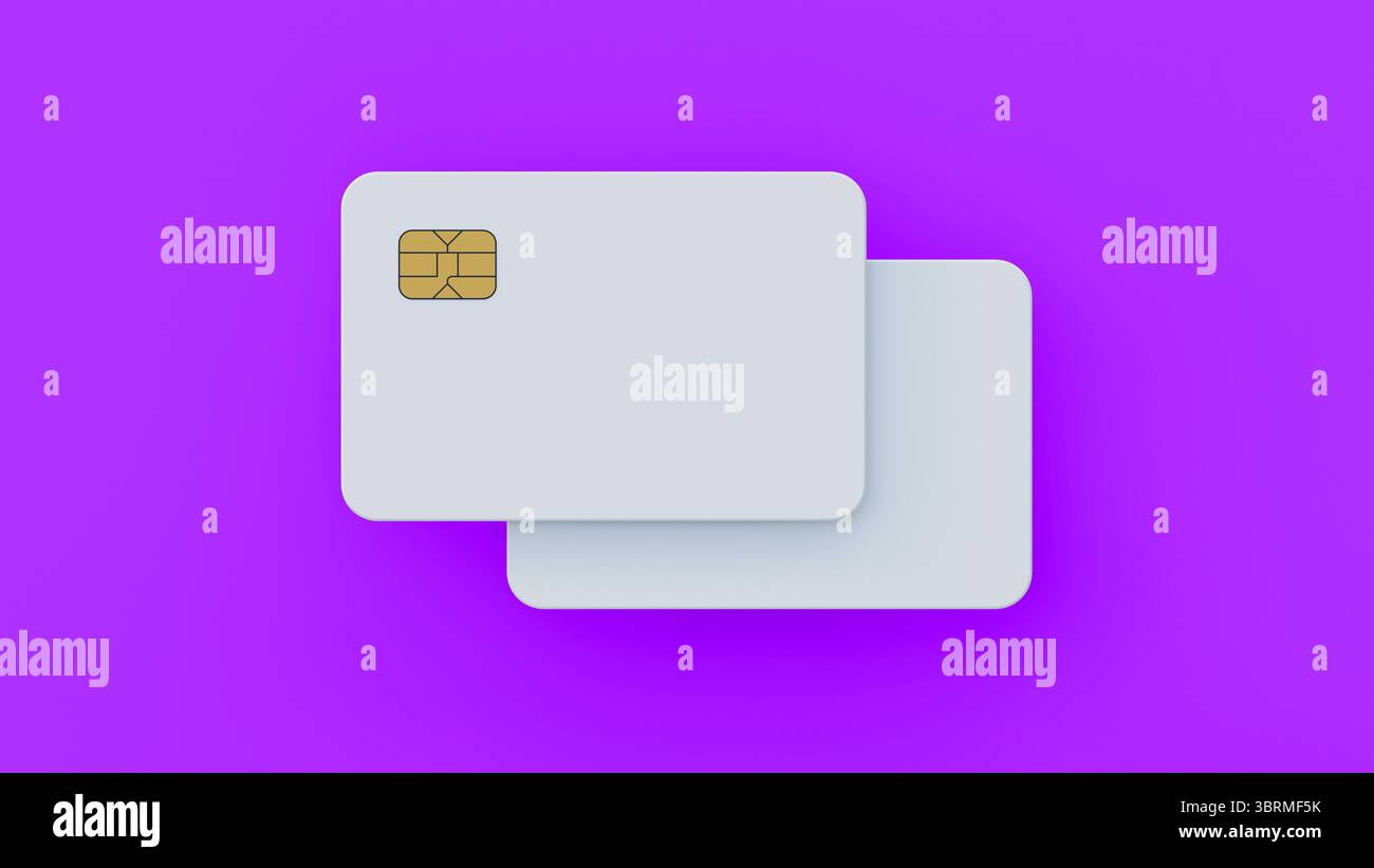 Debit card mockup front and back side. Color purple background. Atm ...
