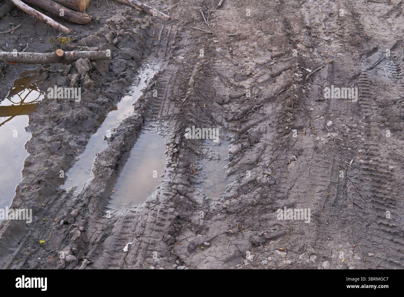 Tire tracks of car or truck on muddy field or dirt road with puddles after rain. Driving in bad ...