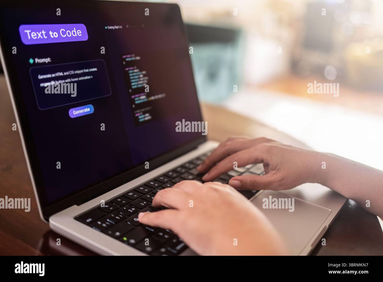 AI programming assistant, hands using text to code interface on laptop for generative software ...