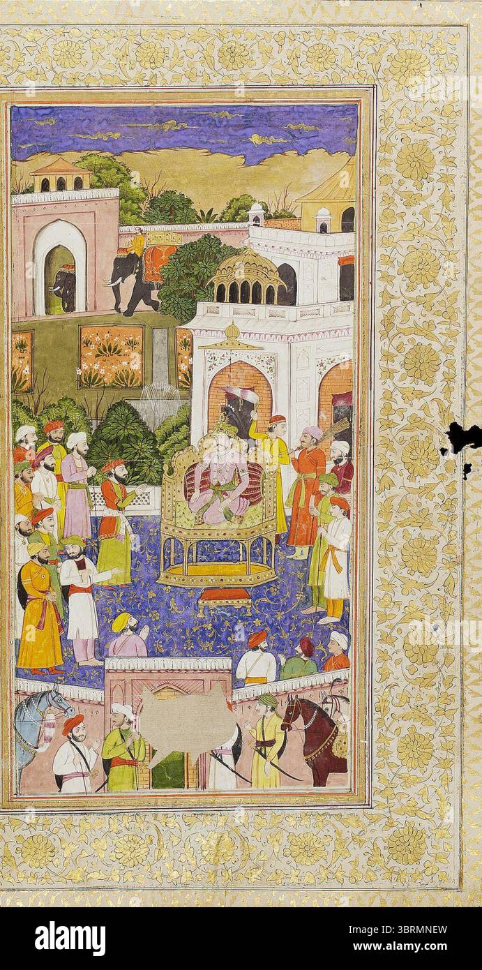 Manuscript painting of the Mughal emperor Akbar enthroned surrounded by ...