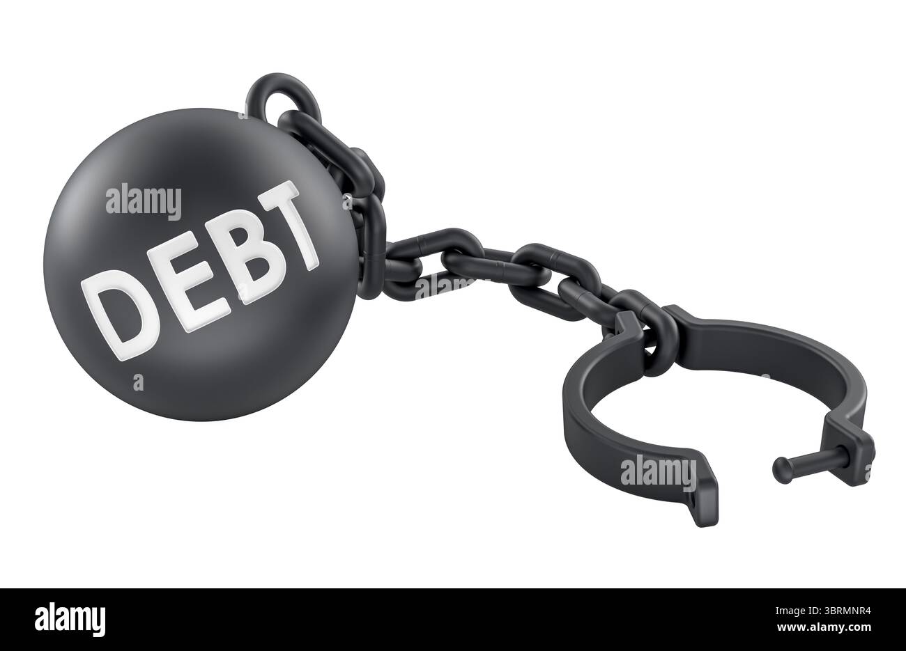 Debt concept, ball and chain shackle. 3D rendering isolated on white ...