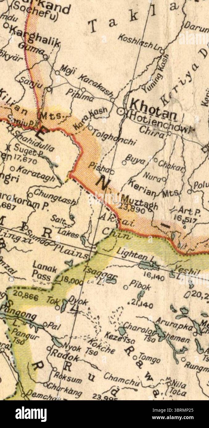 Map of Aksai Chin in Ladakh depicting Shahidullah, the Hindu-tash Pass ...