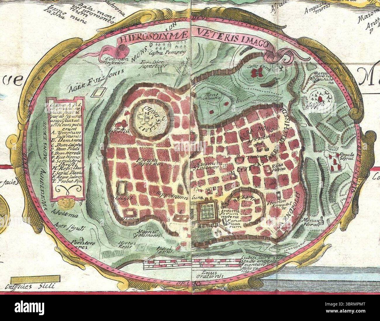 Map of Jerusalem in a cartouche on a Holy Land map by Tirinus Stock ...