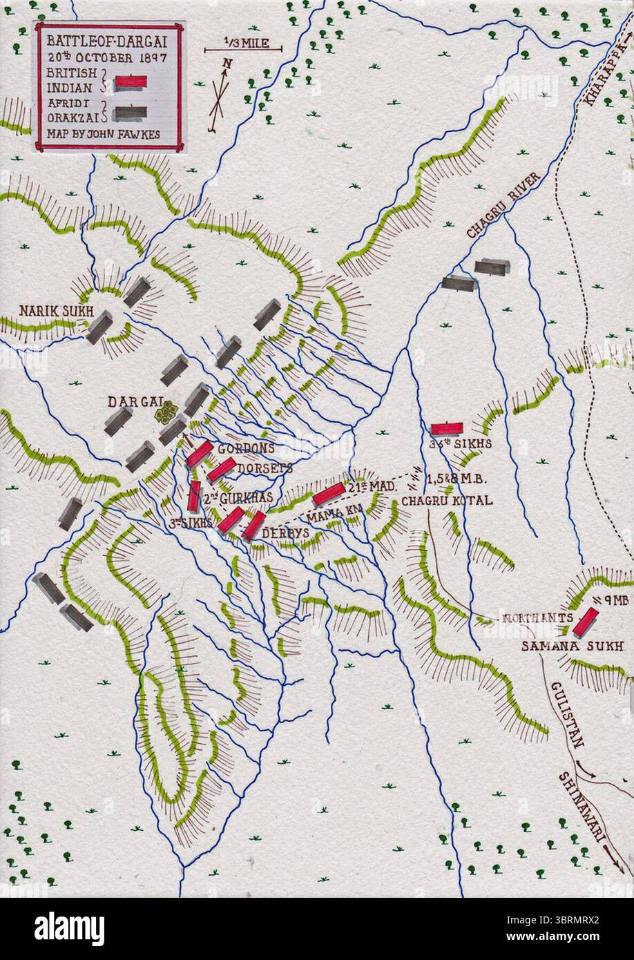 Map of the Battle of Dargai on 20 October 1897, Tirah, North-West ...