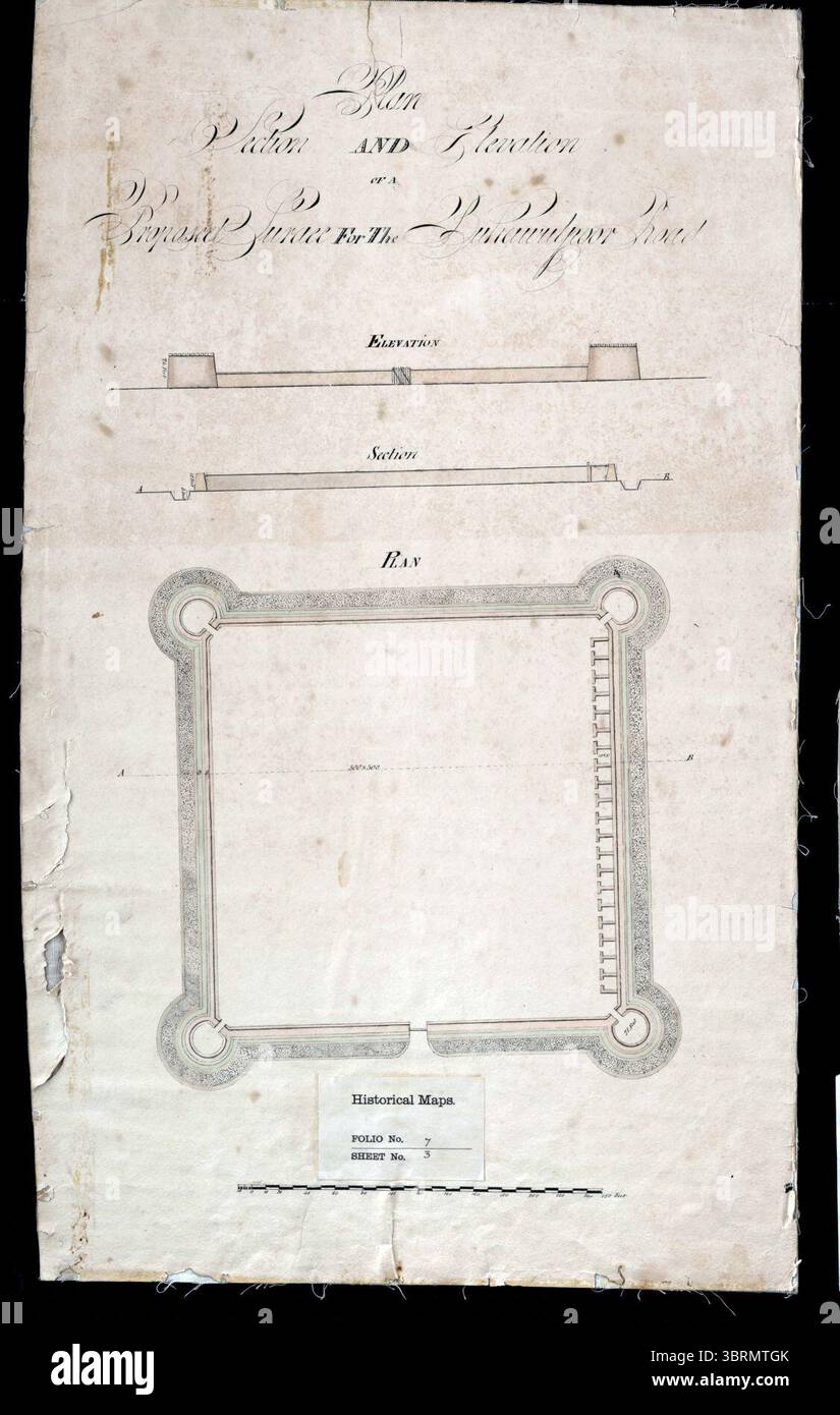 Map of the plan, section, and elevation of a proposed sarai (resting ...