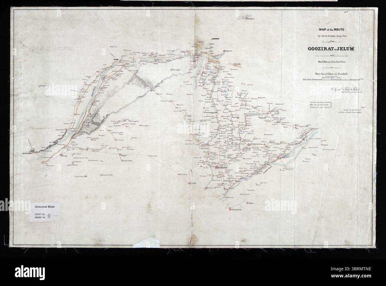 Map of the route by which the Sikh Army fled from Gujrat to Jhelum ...