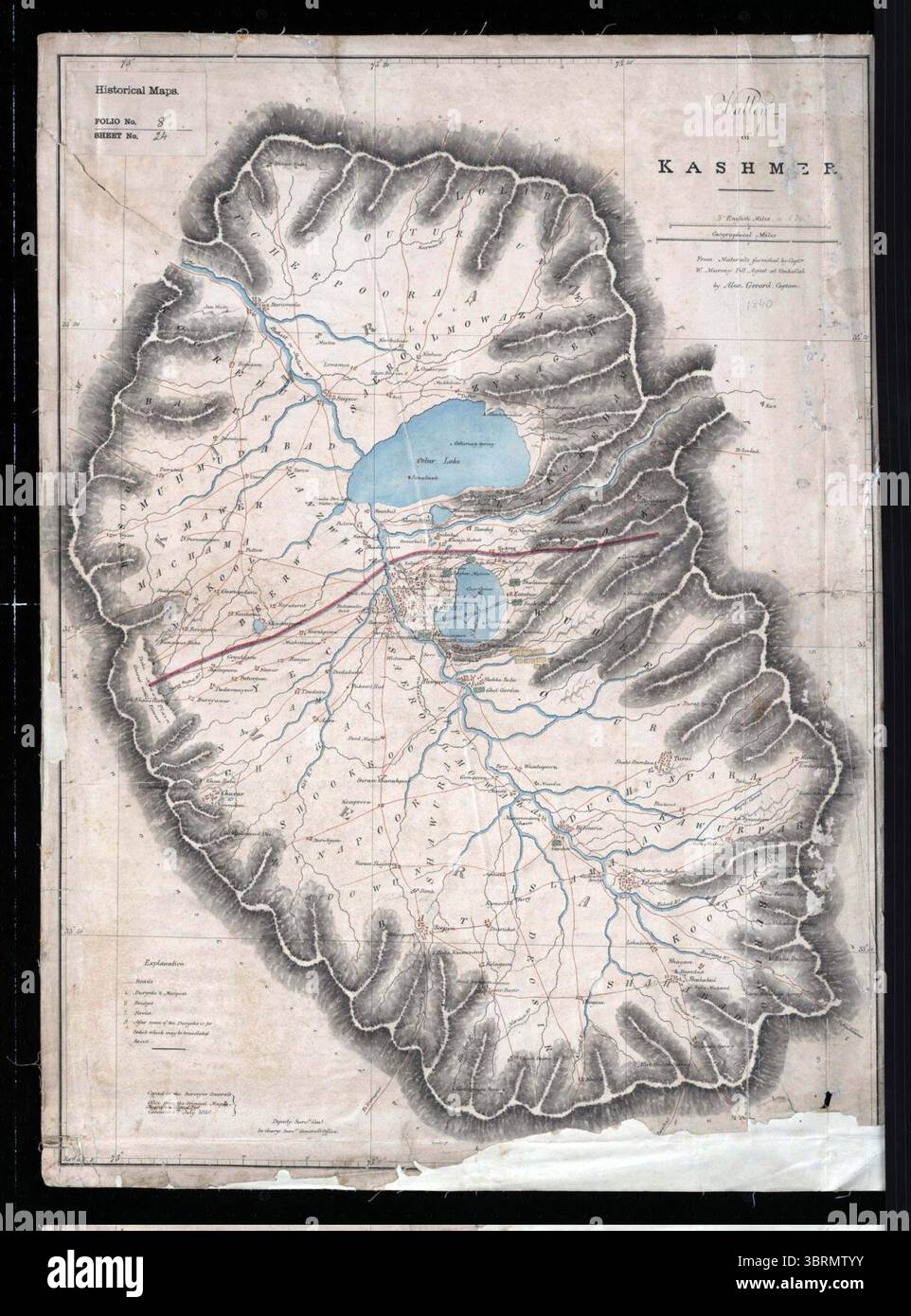 Map of the Valley of Kashmir, drawn by Alexander Gerard, 1840 Stock ...