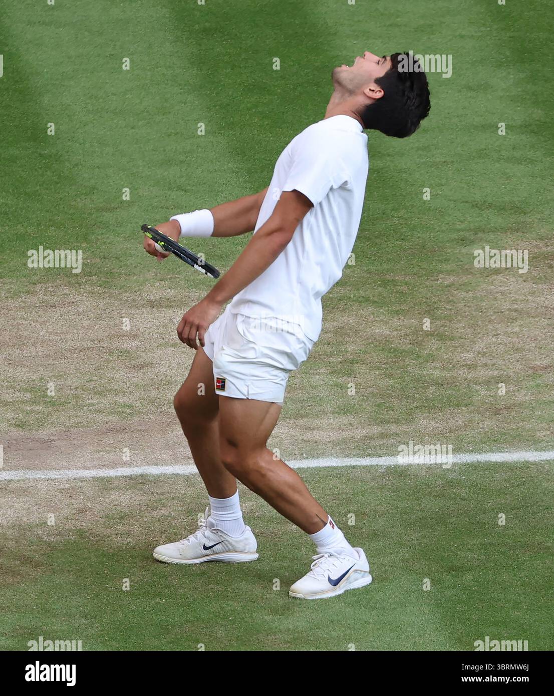 London, UK. 13th July, 2025. Spain's Carlos Alcaraz reacts during the Wimbledon Men's Singles ...