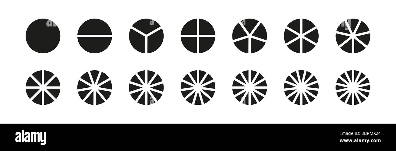 Circle division on 1 to 14 equal parts. Wheel round divided diagrams with segments. Infographic ...
