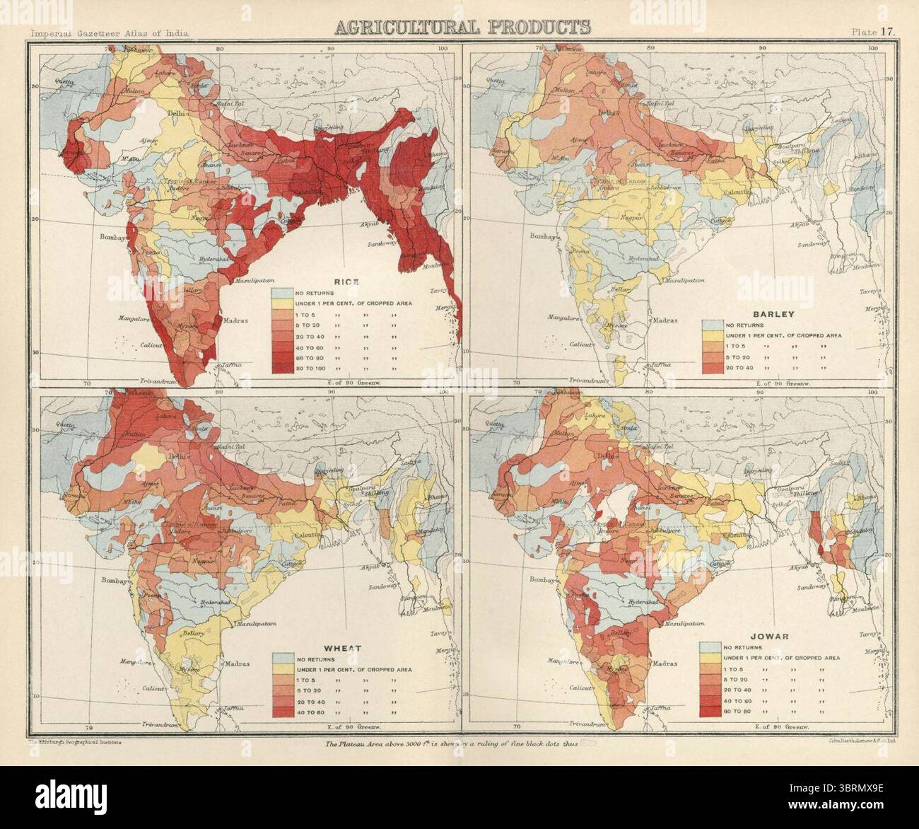 Maps of agricultural products of India, specifically rice, barley ...
