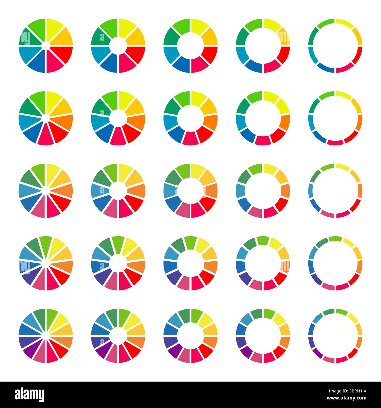 Donut charts, pies segmented on 8, 9, 10, 11, 12 equal parts. Wheels ...