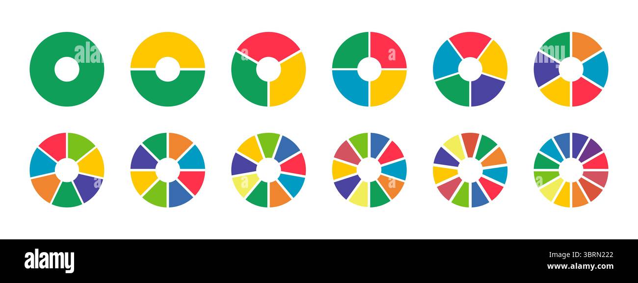 Donut charts, pies segmented on from 1 to 12 equal parts. Set of ...
