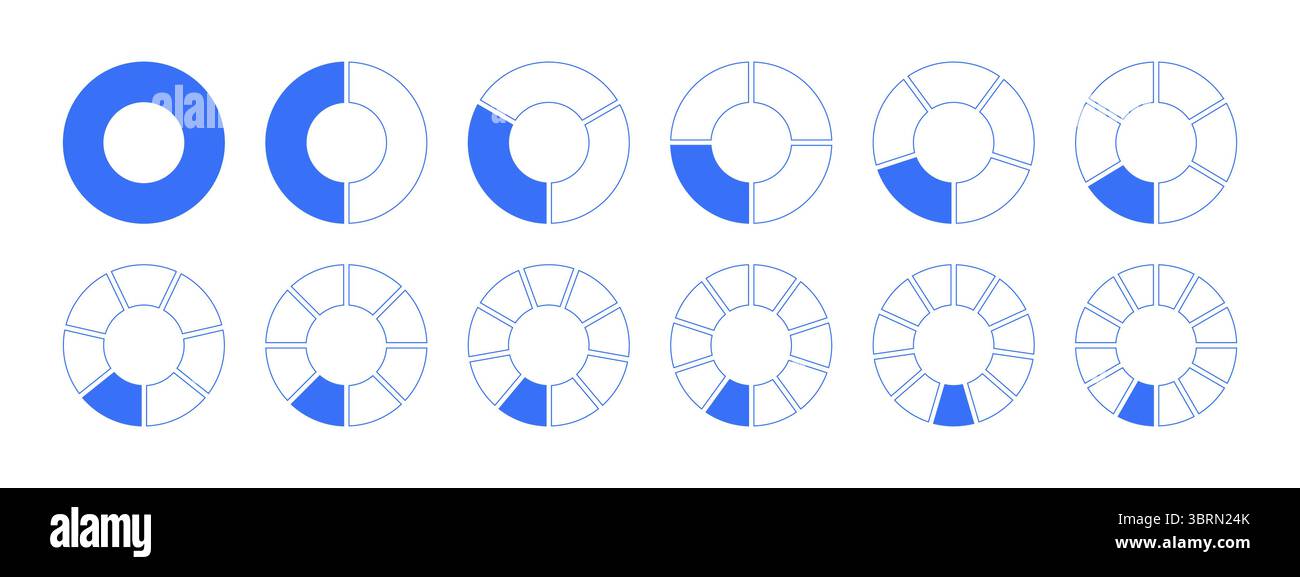 Circles divided diagram from 1 to 12 equal parts icons. Graph pie ...